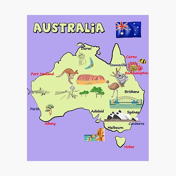 "Australia Map with major cities, flag, landmarks and tourist ...