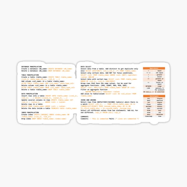 "Cheatsheets for developers : SQL" Sticker for Sale by phelineg | Redbubble