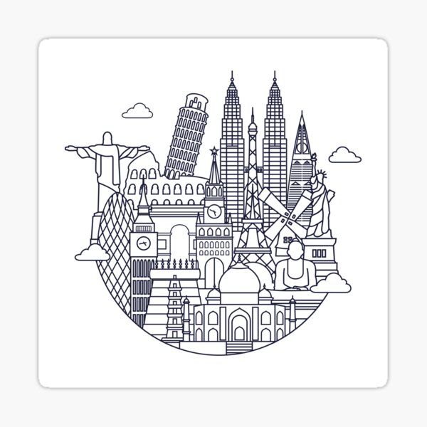 "Travel and tourism illustration. World famous monuments" Sticker for ...