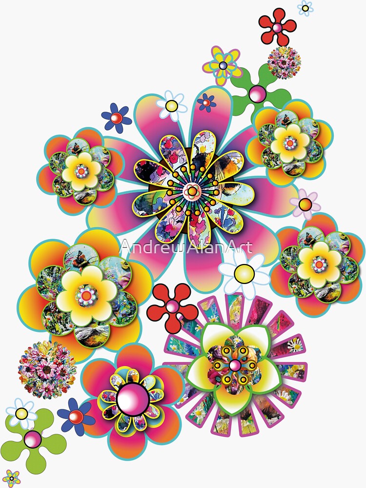 "Retro chic funky flower design using real art - Pale" Sticker for Sale ...