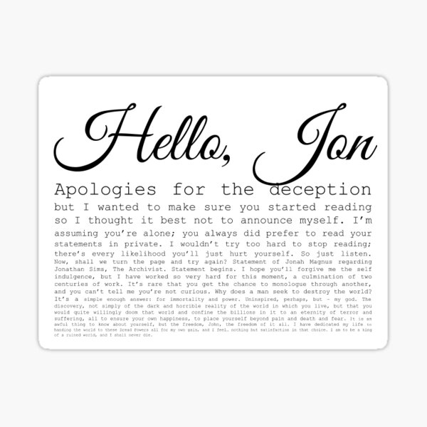 "Hello Jon" Sticker for Sale by eggily1023 | Redbubble