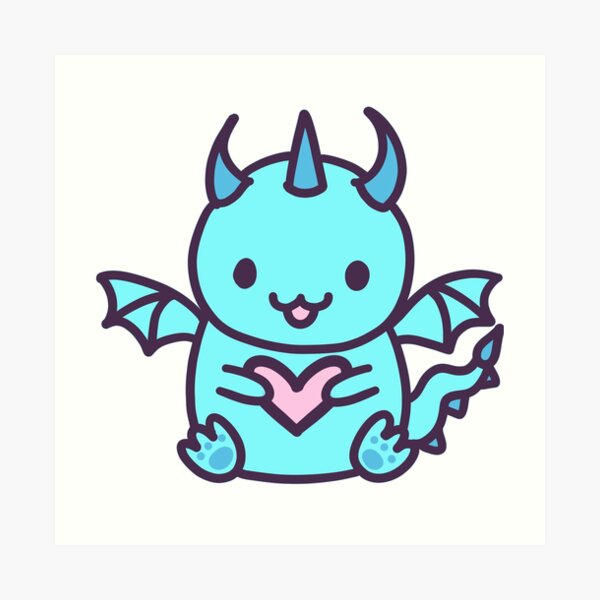 "cute kawaii aqua blue dragon holding heart print design" Art Print for ...