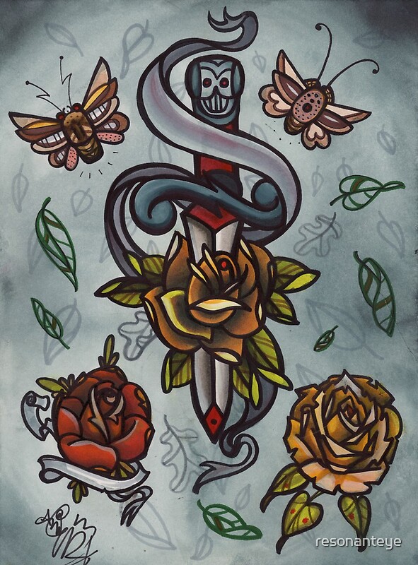 "bugs, roses, dagger tattoo flash art" by resonanteye | Redbubble