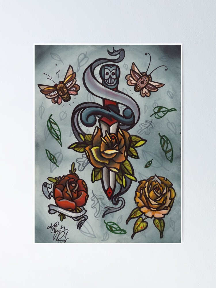 "bugs, roses, dagger tattoo flash art" Poster for Sale by resonanteye ...