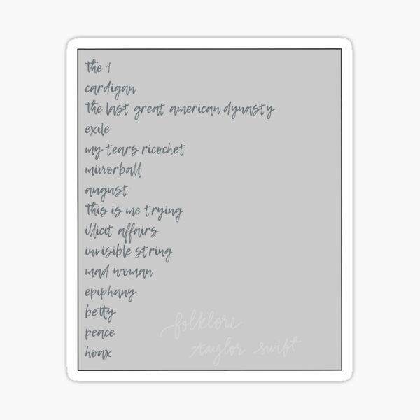 "folklore set list sticker taylor swift " Sticker for Sale by ...