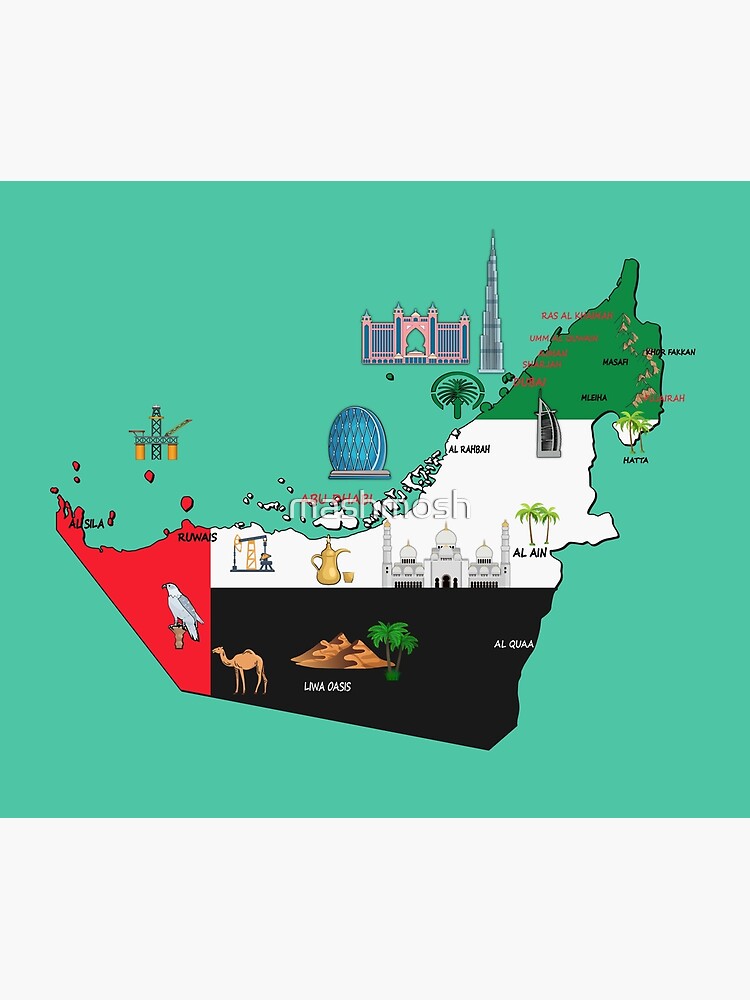 "United Arab Emirates map, major cities names UAE national symbols and ...