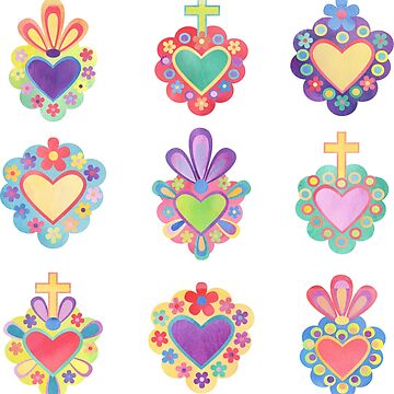 "SACRED HEARTS, WATERCOLOR HEARTS, MEXICO, mexican folk, mexican craft ...