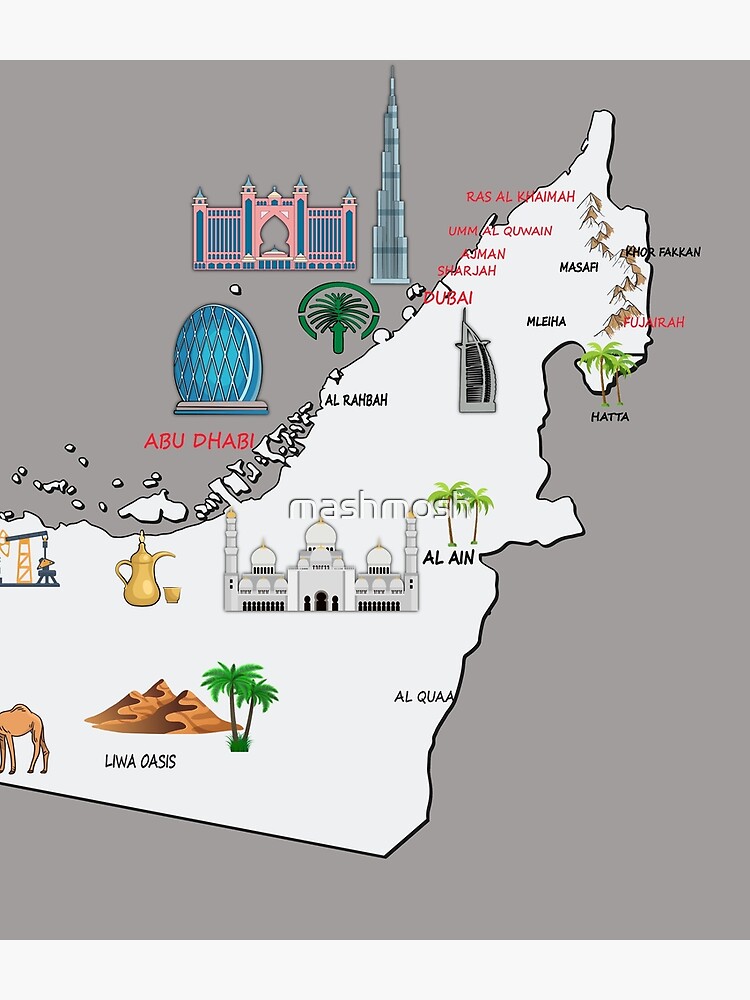 "UAE Landmarks Map major cities names UAE national symbols Emirates map ...