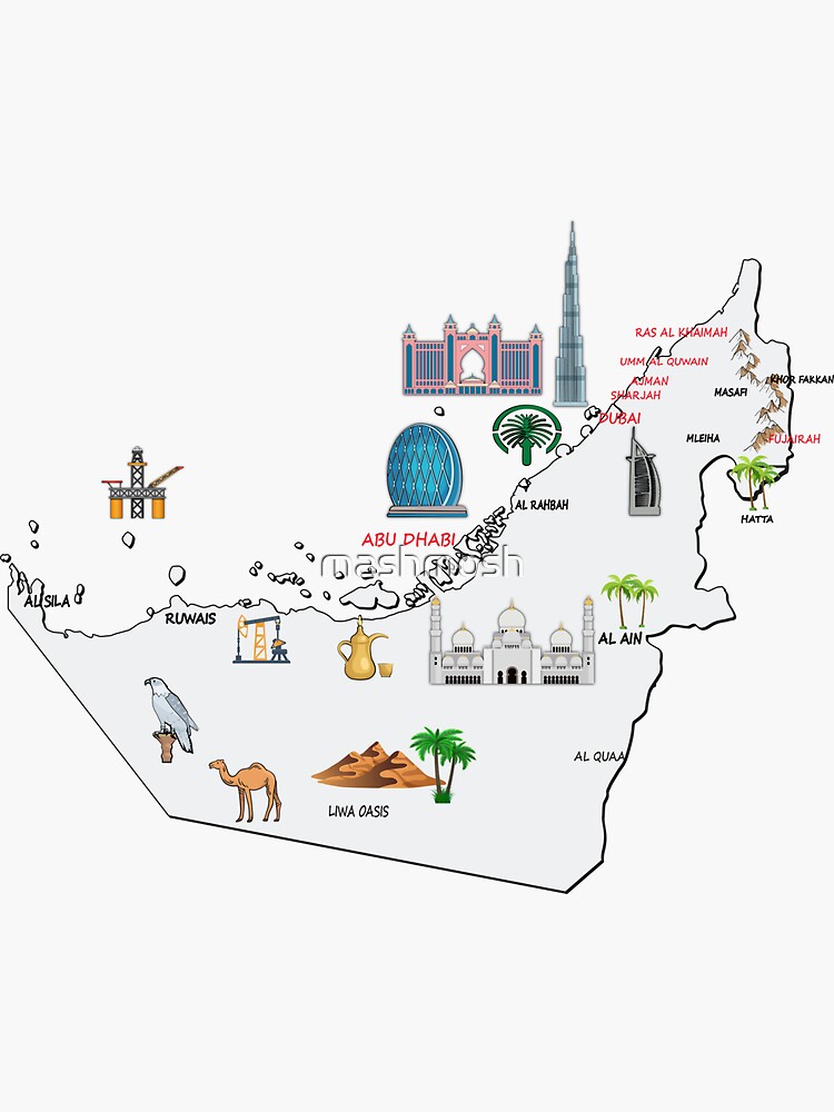 "UAE Landmarks Map major cities names UAE national symbols Emirates map ...