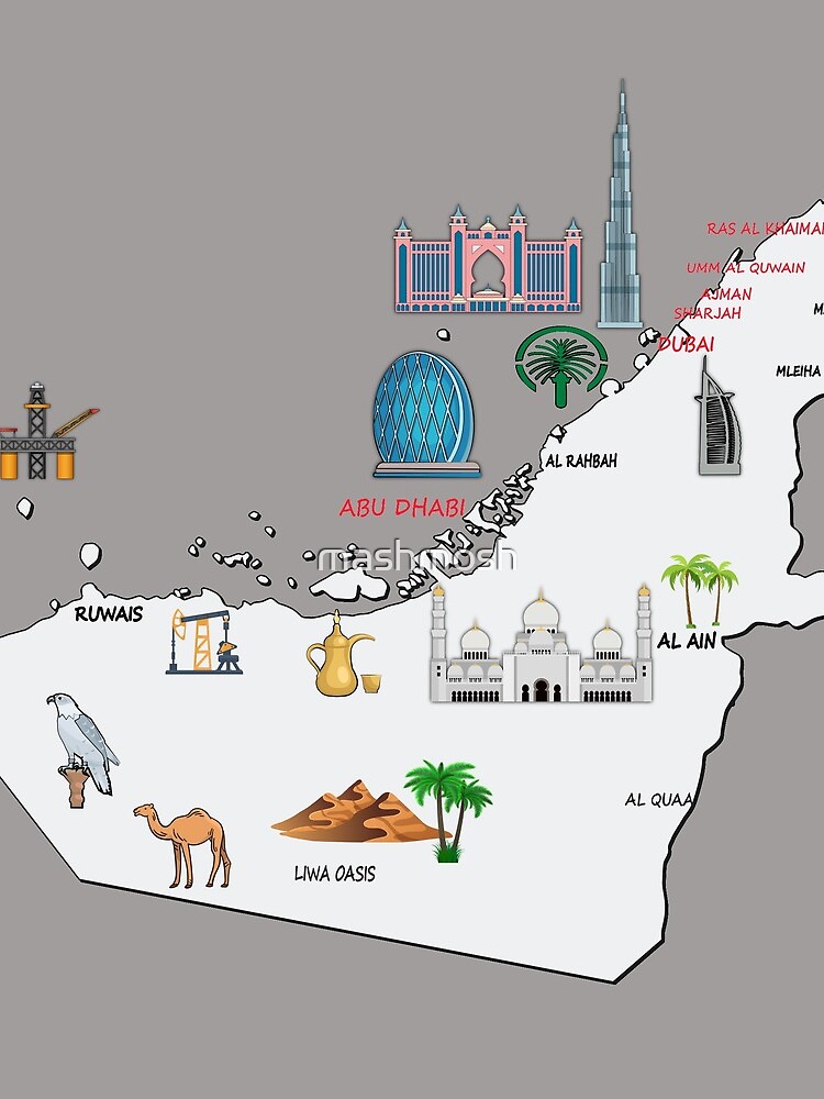 "UAE Landmarks Map major cities names UAE national symbols Emirates map ...