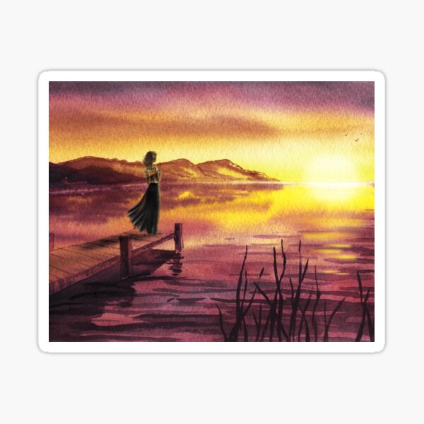 "Girl Watching Sunset At The Lake" Sticker for Sale by IrinaSztukowski ...