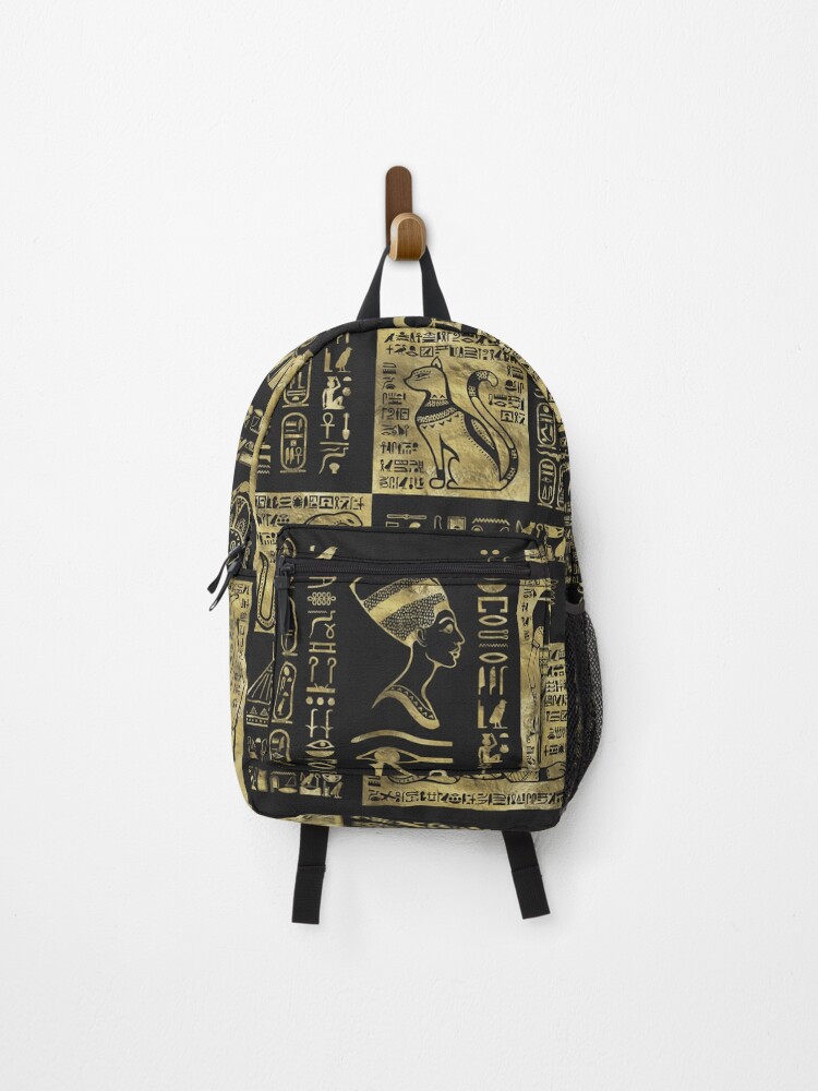 "Egyptian hieroglyphs and symbols gold on black leather" Backpack for ...