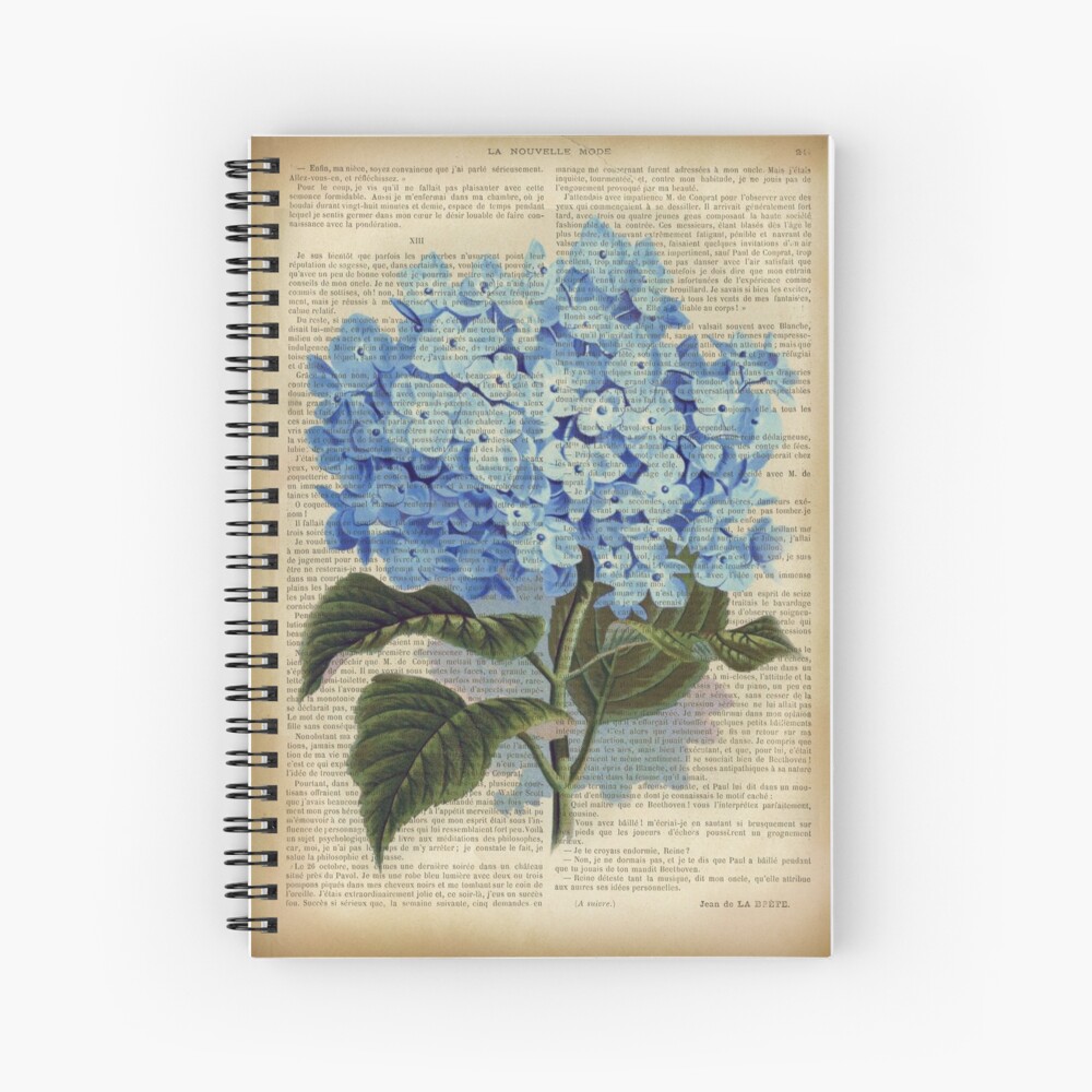 "Botanical print, on old book page - Blue Hydrangea flowers" Spiral ...
