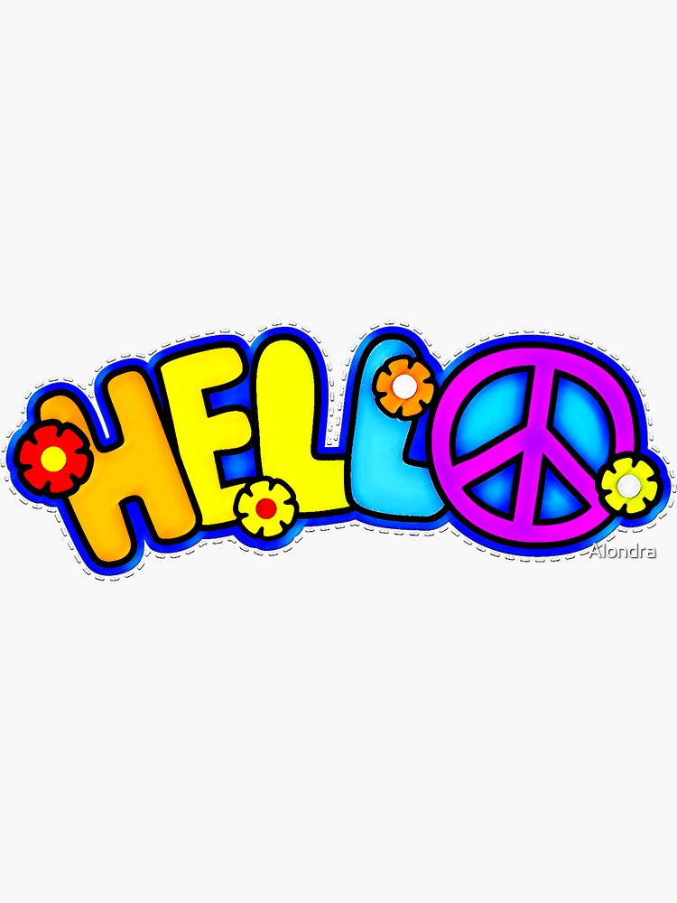 "Colorful Hello with Flowers and Peace Sign" Sticker for Sale by ...