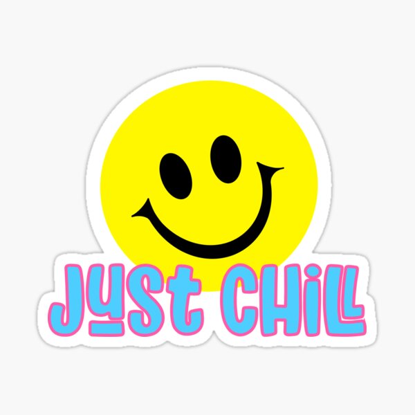"Smiley Face ‘Just Chill’ 90s Neon" Sticker by PlasticRainbow | Redbubble