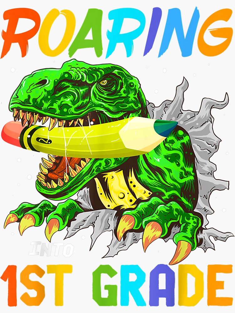 "Roaring Into 1st Grade T-Rex Dinosaur Boys Back To" Sticker for Sale ...