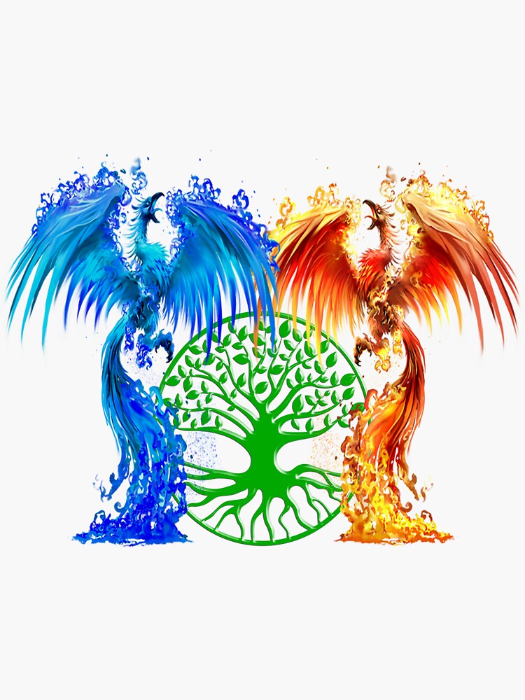 "Fantasy Fire And Ice Phoenix Green Tree Of Life" Sticker by Atteestude ...