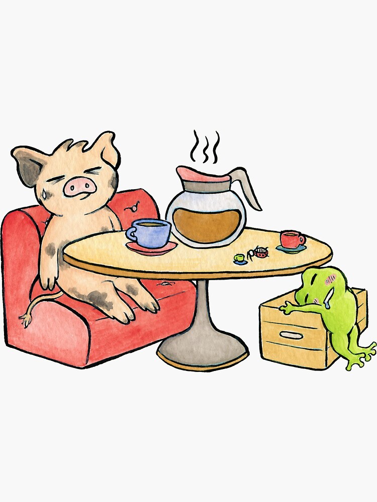 "Pig, Frog, Ladybug Friends Wake Up to Coffee" Sticker for Sale by ...