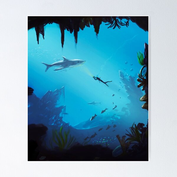 "underwater shark and diver" Poster for Sale by shokA Design | Redbubble