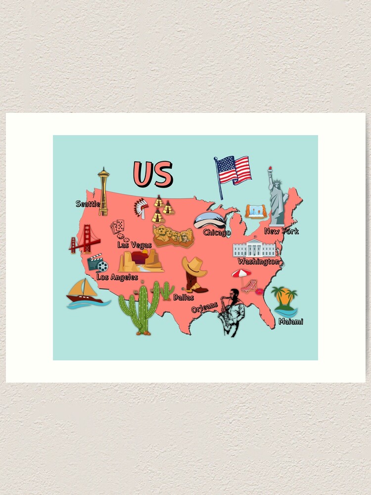 "USA Landmarks Map US map with national symbols and landmarks of United ...