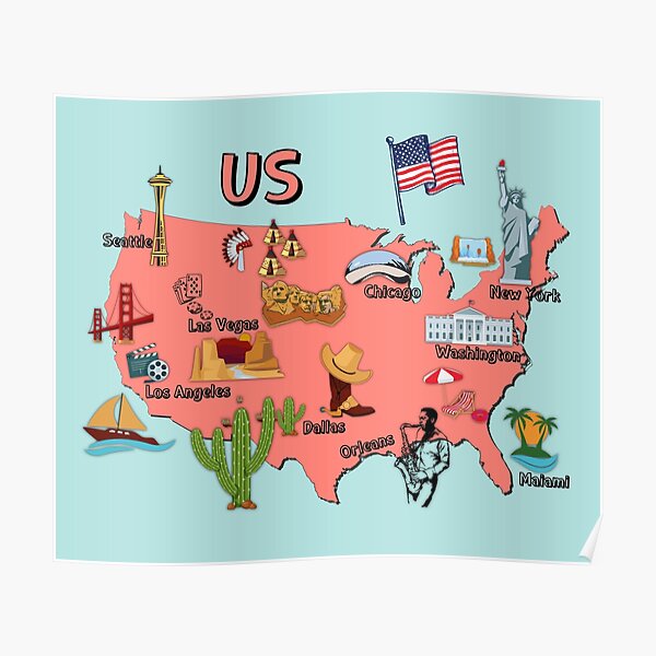 "USA Landmarks Map US map with national symbols and landmarks of United ...