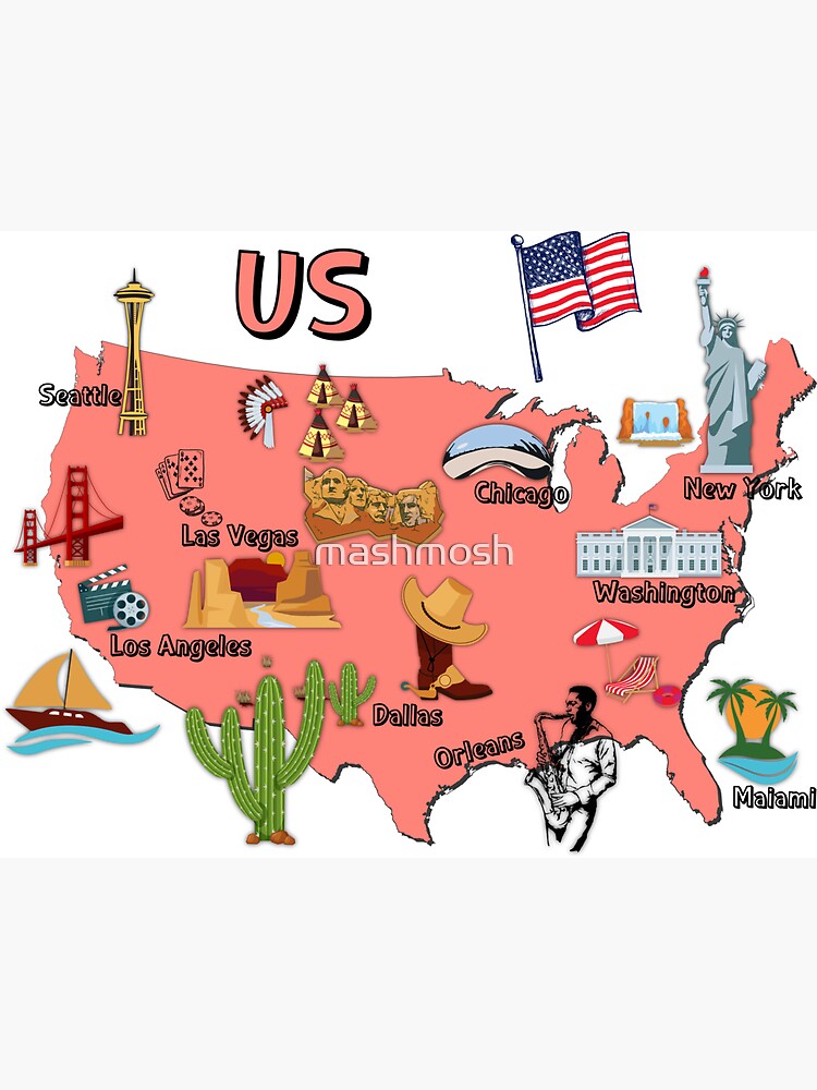 "USA Landmarks Map US map with national symbols and landmarks of United ...