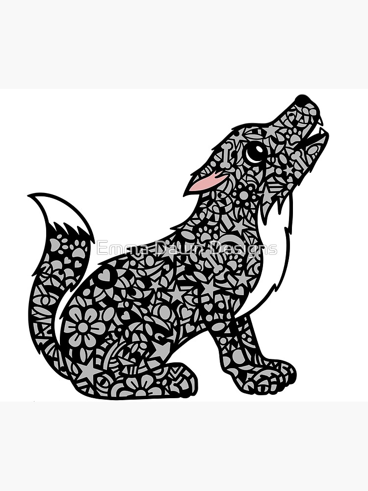 "BABY HOWLING WOLF MANDALA ZENTANGLE PATTERN DESIGN COLOUR ...