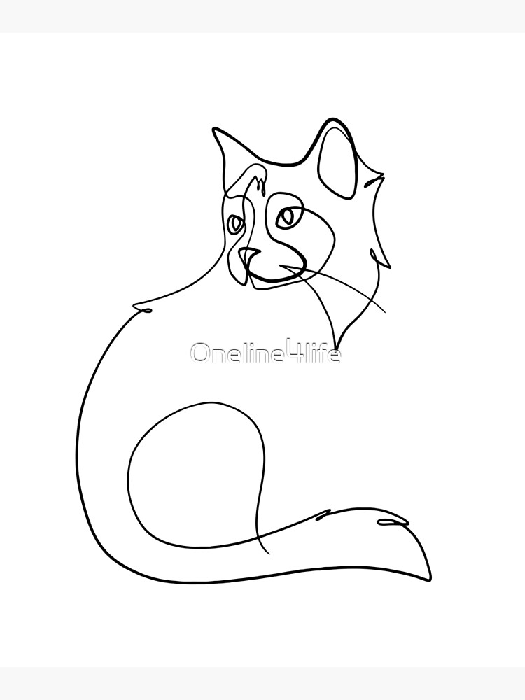 "One Line Art Cute Cat Line Drawing Continuous Line" Mounted Print for ...