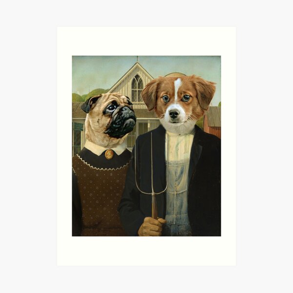 "American Gothic Pug Dog Funny Illustration Painting" Art Print for ...