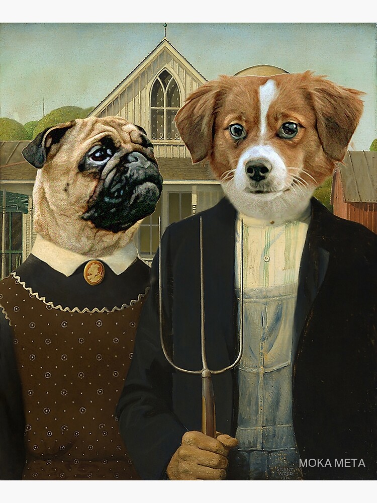 "American Gothic Pug Dog Funny Illustration Painting" Art Print for ...