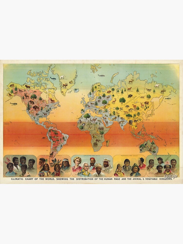 Póster «Antiguo mapa de razas humanas, clima, animales y vegtebales» de ...