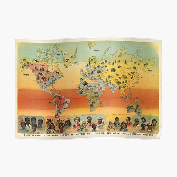Póster «Antiguo mapa de razas humanas, clima, animales y vegtebales» de ...