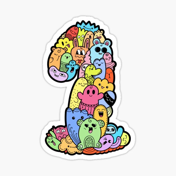 "Number 1 one - Funny and Colorful Cute Monster Creatures" Sticker for ...