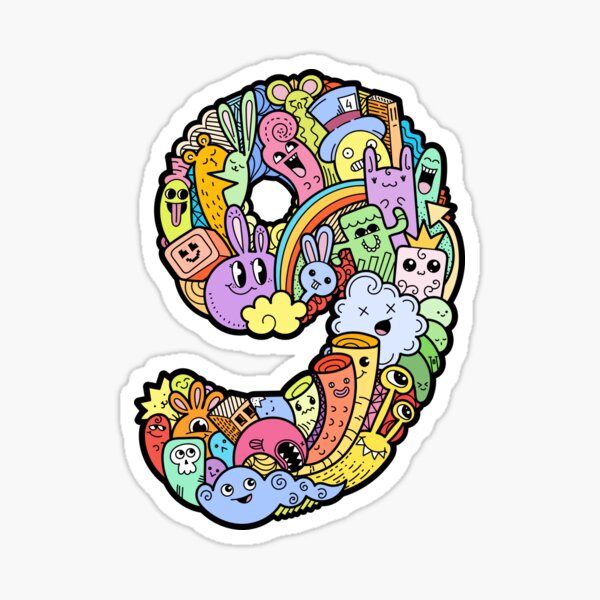 "Number 9 nine -Funny and Colorful Cute Monster Creatures" Sticker for ...