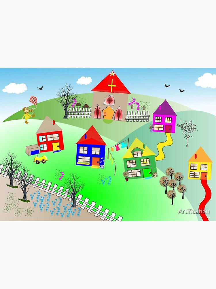 "Kids Colorful Little Village Illustration" Framed Art Print for Sale ...