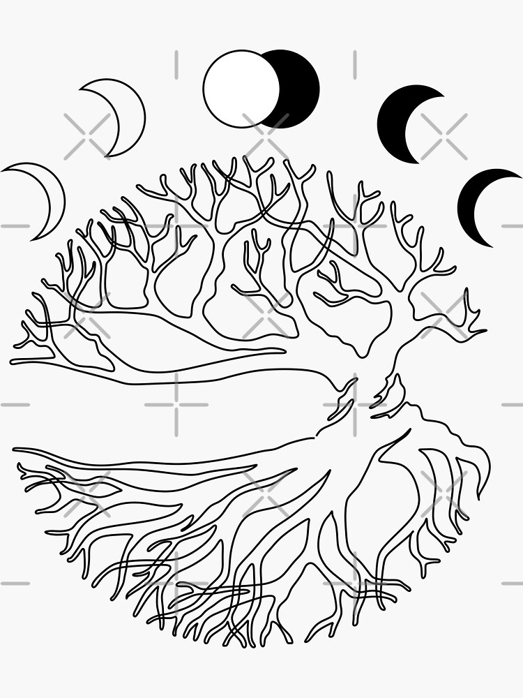 "Roots Tree Moon Line Art print" Sticker by OneLinePrint | Redbubble
