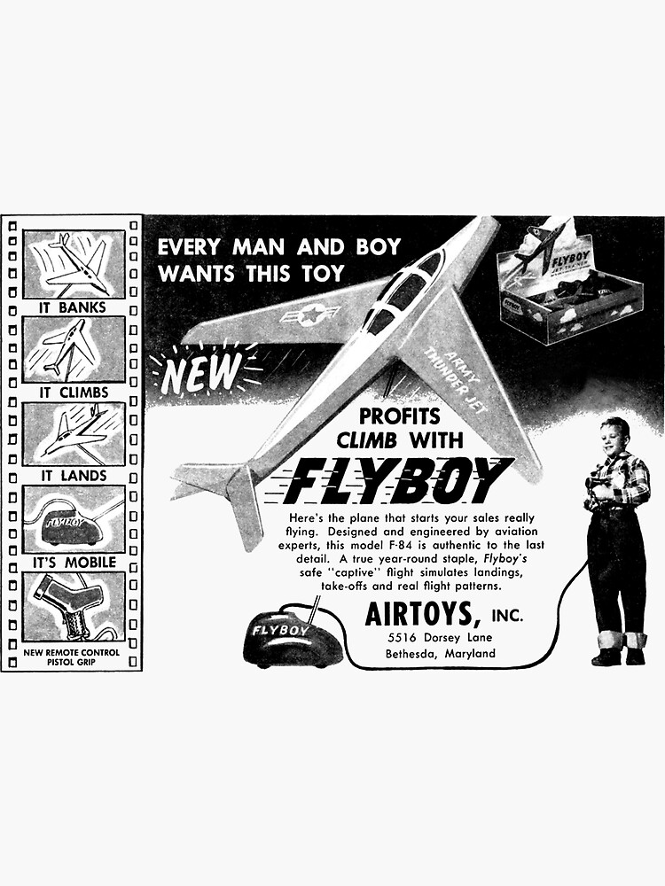 "FLYBOY - ATOMIC AGE FLYING PLANE TOY ADVERTISEMENT" Sticker for Sale ...