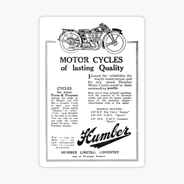 "Humber Ltd. - Humber Motor Cycles - 1929 Vintage Advert" Sticker for ...