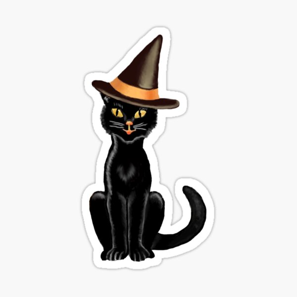 "Antique Inspired Black Cat in Witch Hat, Digital Painting, Single and ...