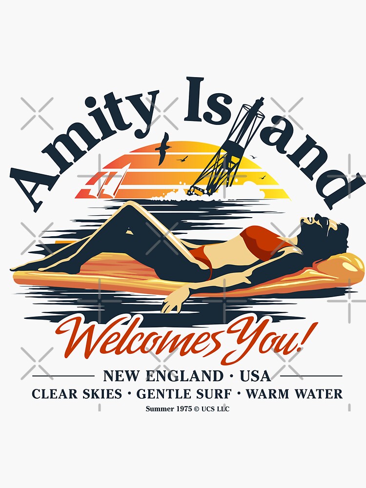 Sticker for Sale mit "Amity Island heißt Sie willkommen (1975 ...