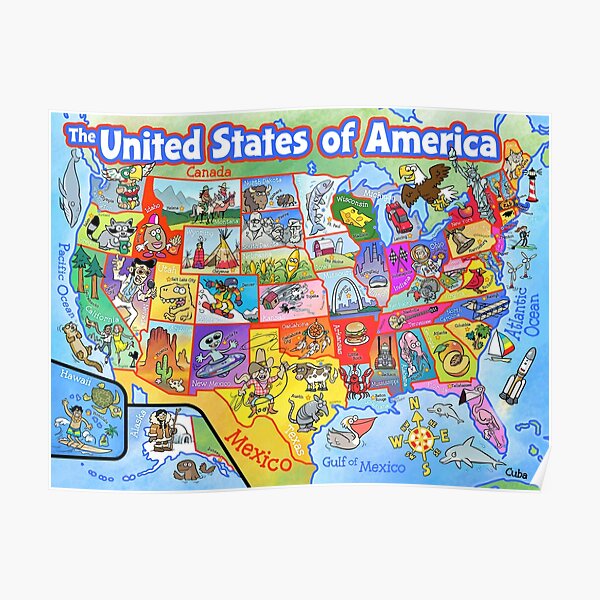 "Cartoon Map of the USA" Poster for Sale by MrChuckles | Redbubble