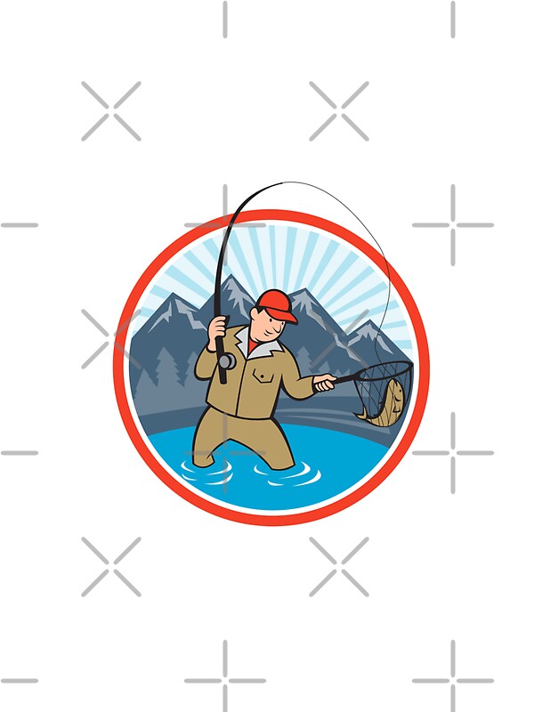 "Fly Fisherman Catching Trout Fish Cartoon" by patrimonio | Redbubble