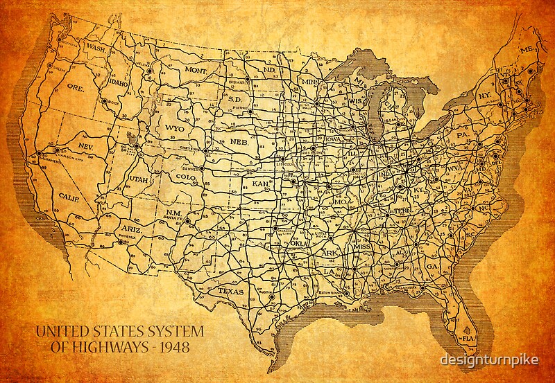"Old American Highway Map on Worn Canvas" by designturnpike | Redbubble