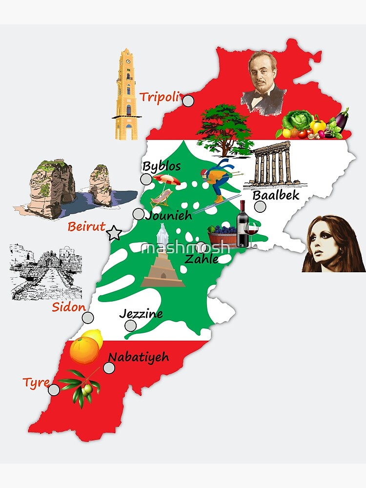 "Flag map of Lebanon, major cities names Lebanese national symbols and ...