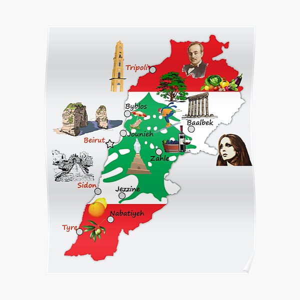 "Flag map of Lebanon, major cities names Lebanese national symbols and ...