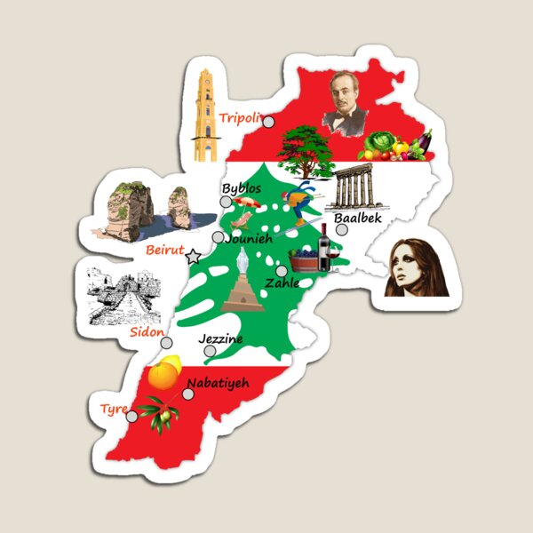 Imán «Mapa de la bandera del Líbano, nombres de las principales ...