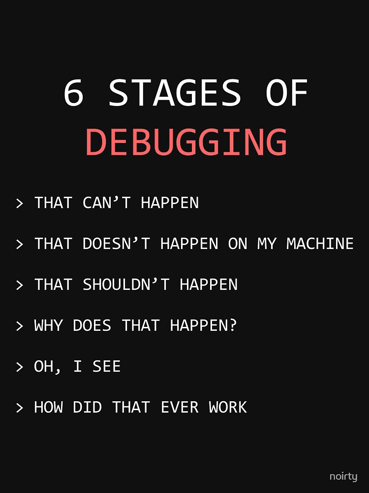 6 Stages Of Debugging Bug Coding Computer Programmer Design T Shirt By Noirty Redbubble