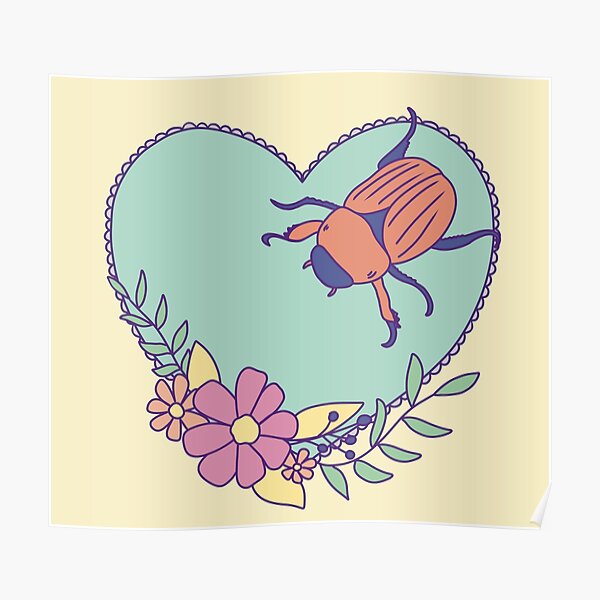 "Cute June Bug Beetle Art Heart and Flowers" Poster by AhhItsAmy ...