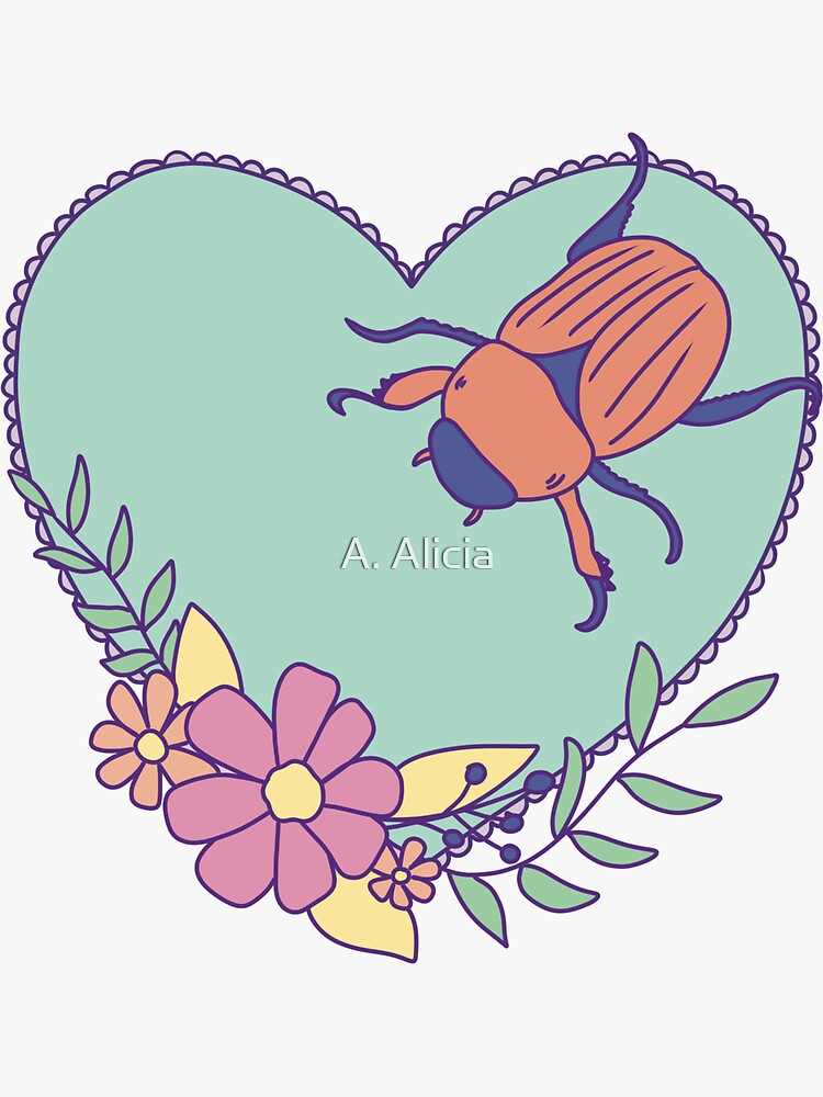 "Cute June Bug Beetle Art Heart and Flowers" Sticker for Sale by ...