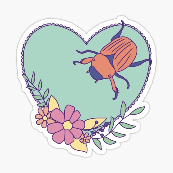 "Cute June Bug Beetle Art Heart and Flowers" Sticker for Sale by ...